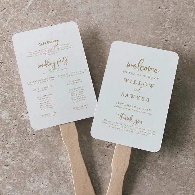 Rustic Gold Script Wedding Program Hand Fan | Zazzle