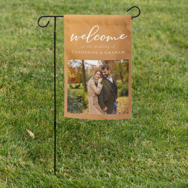 Rustic Gold Welcome to Our Wedding Chic Photo Garden Flag | Zazzle