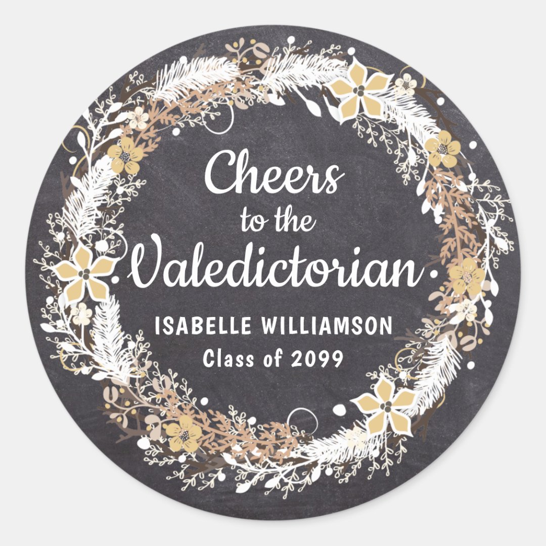 Rustic Gold White Floral Chalkboard Valedictorian Classic Round Sticker ...