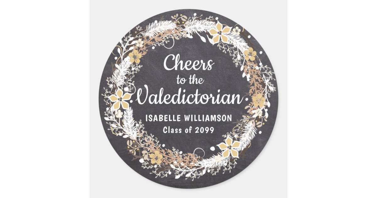 Rustic Gold White Floral Chalkboard Valedictorian Classic Round Sticker ...