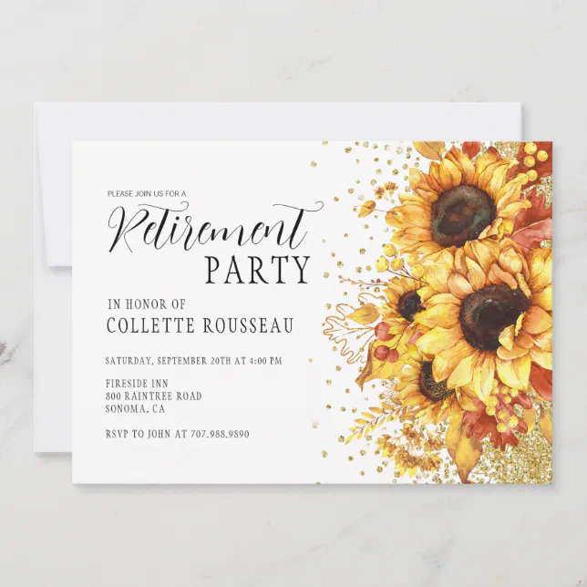 Rustic Golden Sunflower Floral Retirement Party Invitation | Zazzle