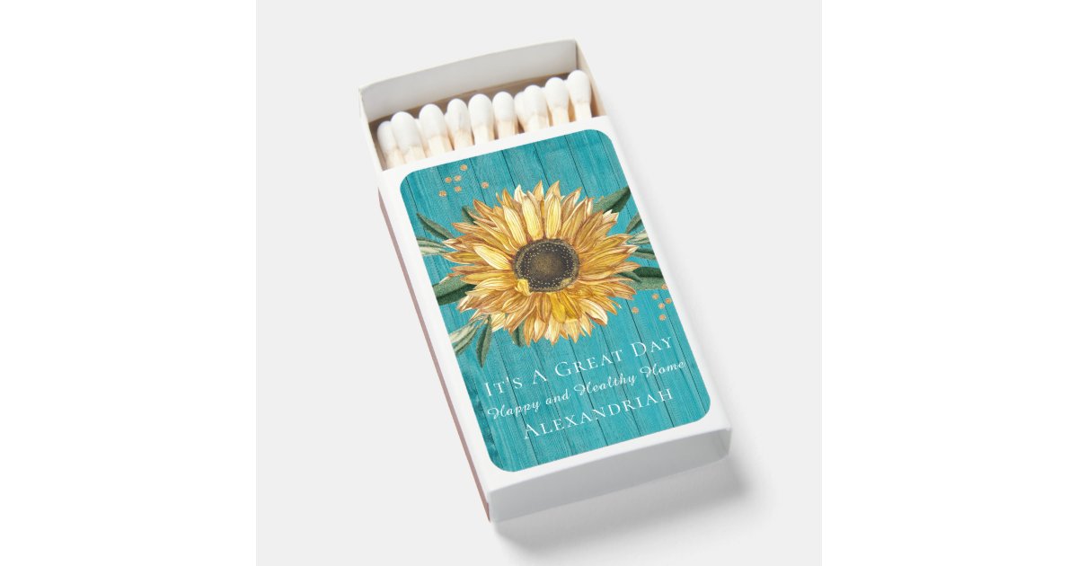 Rustic Golden Sunflower Teal Blue Barn Wood Matchboxes | Zazzle