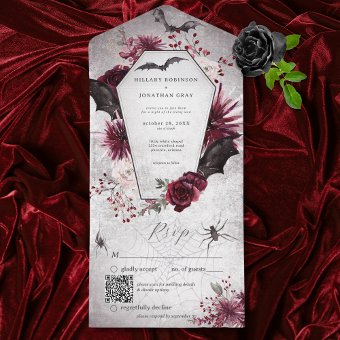 Rustic Gothic Black Burgundy Halloween QR Code All In One Invitation ...