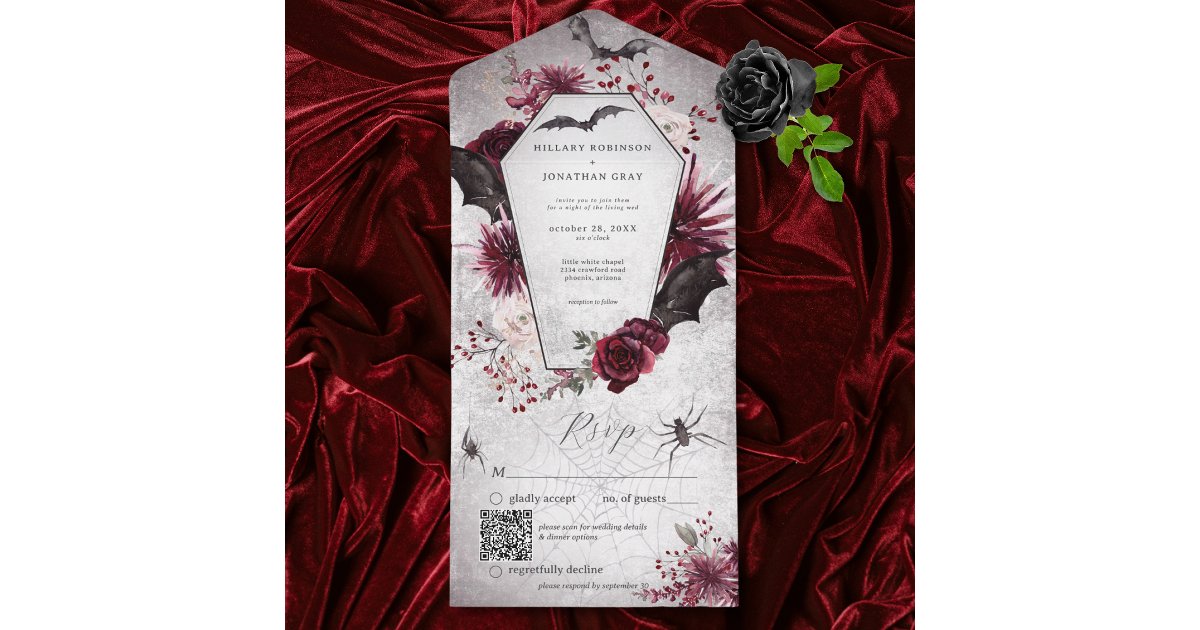 Rustic Gothic Black Burgundy Halloween QR Code All In One Invitation ...