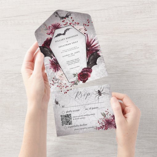 Rustic Gothic Black Burgundy Halloween QR Code All In One Invitation ...