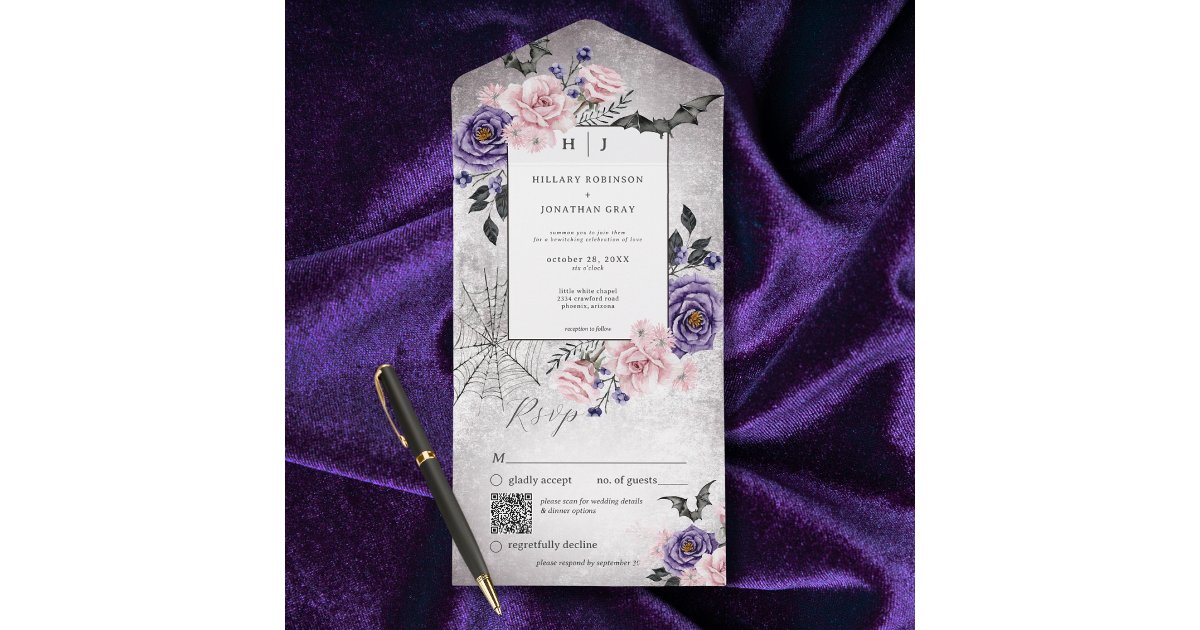 Rustic Gothic Pink & Purple Halloween QR Code All In One Invitation ...
