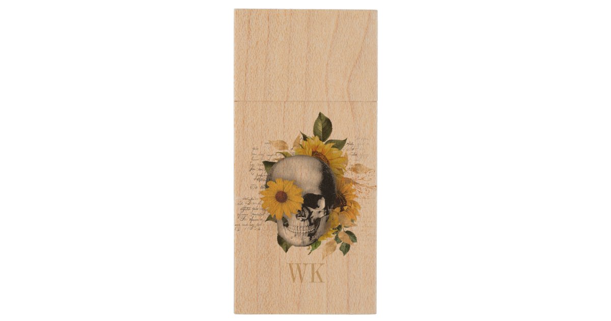 Rustic Gothic Sunflower Skull Monogram Wood Flash Drive | Zazzle