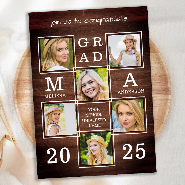 Rustic Graduate 6 Photo Collage Wood Graduation Invitation | Zazzle