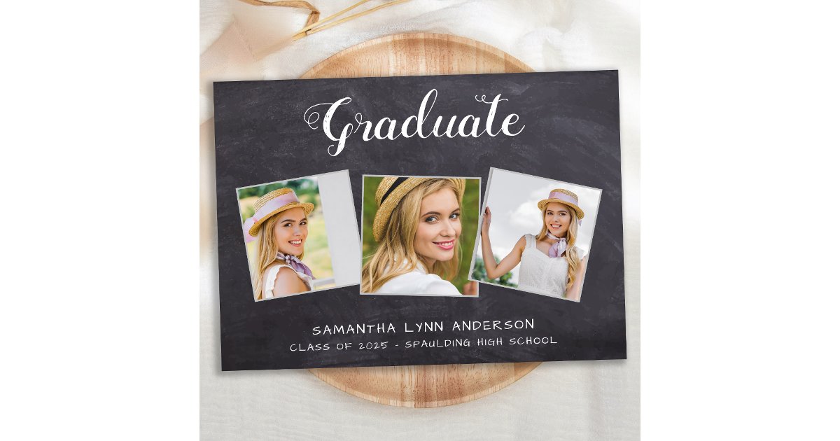 Rustic Graduation Custom 3 Photo Chalkboard Announcement | Zazzle