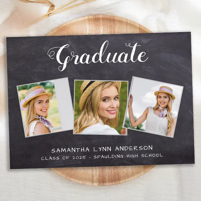 Rustic Graduation Custom 3 Photo Chalkboard Announcement | Zazzle
