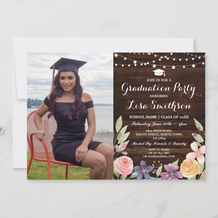 Rustic Graduation Flowers Lights Wood Photo Invitation | Zazzle.com