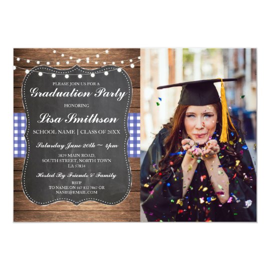 Rustic Graduation Party Blue Check Chalk BBQ Photo Invitation | Zazzle.com