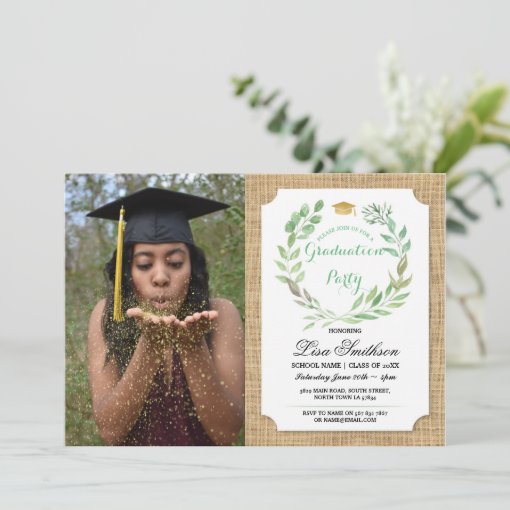 Rustic Graduation Party Burlap Leaf Wreath Photo Invitation | Zazzle