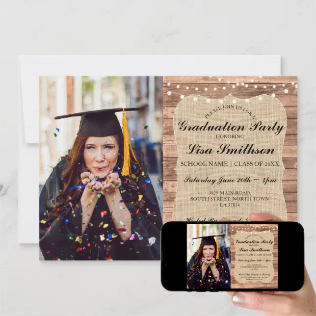 Rustic Graduation Party Burlap Wood Graduate Invitation | Zazzle