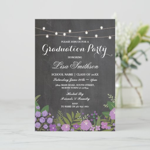 Rustic Graduation Party Chalk Lilac Flowers Floral Invitation | Zazzle