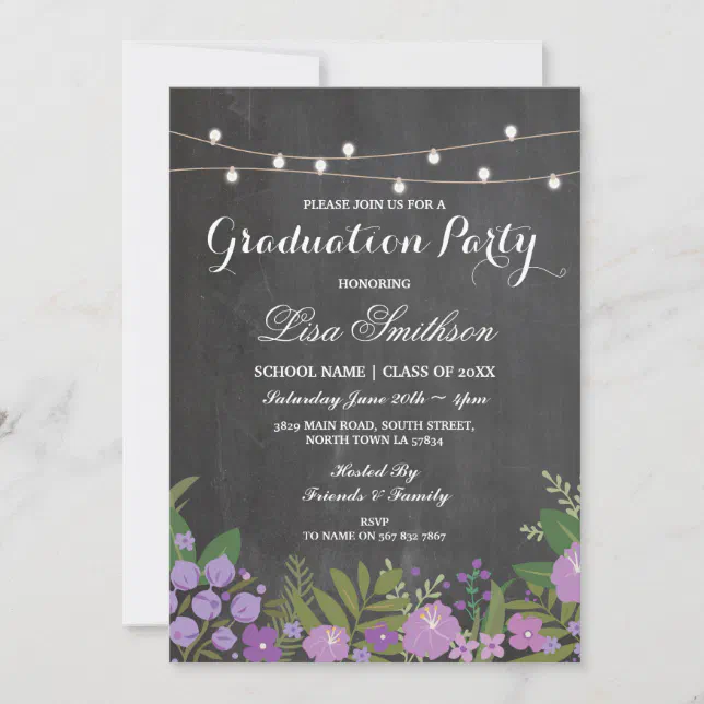 Rustic Graduation Party Chalk Lilac Flowers Floral Invitation | Zazzle