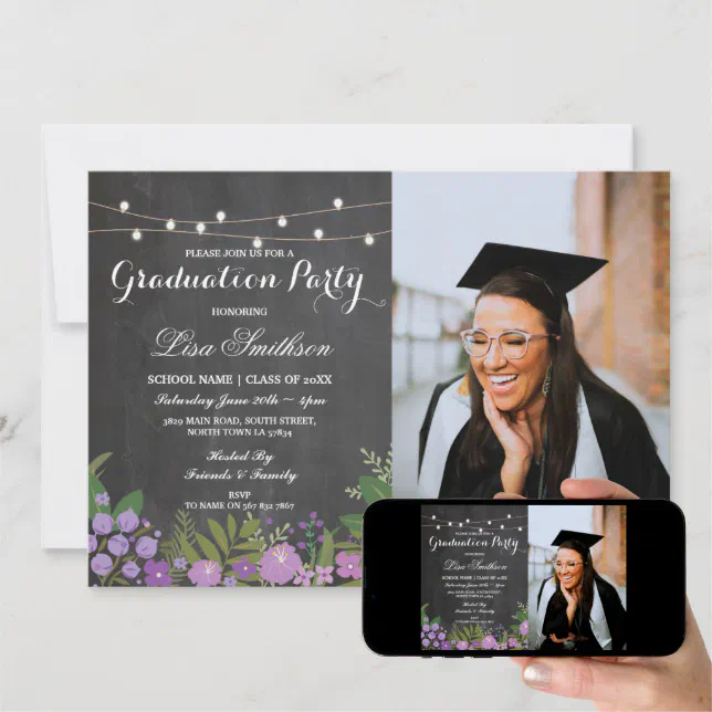 Rustic Graduation Party Chalk Lilac Flowers Photo Invitation | Zazzle