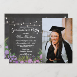 Rustic Graduation Party Chalk Lilac Flowers Photo Invitation | Zazzle