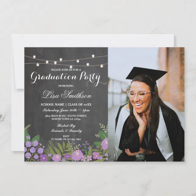 Rustic Graduation Party Chalk Lilac Flowers Photo Invitation | Zazzle