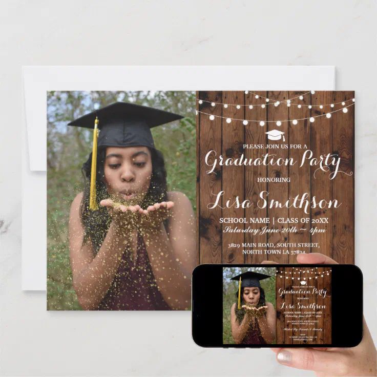 Rustic Graduation Party Elegant Lights Wood Photo Invitation | Zazzle