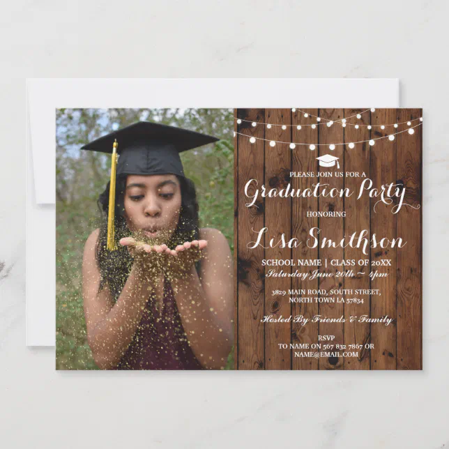 Rustic Graduation Party Elegant Lights Wood Photo Invitation | Zazzle