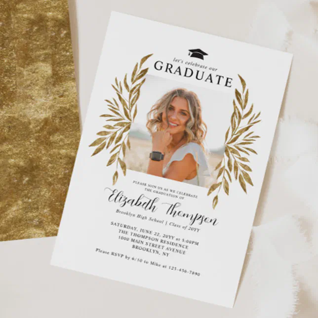 Rustic Graduation Party Modern Gold Leaves Photo Invitation | Zazzle
