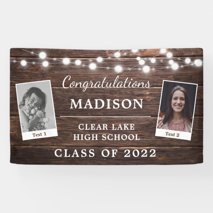 Rustic Graduation Party Modern Wood String Lights Banner | Zazzle