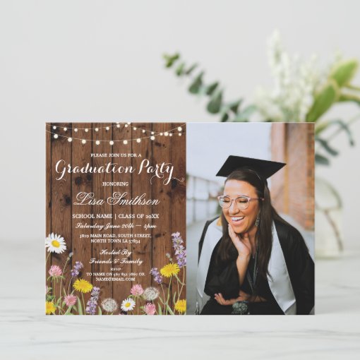 Rustic Graduation Party Wild Flowers Floral Photo Invitation | Zazzle