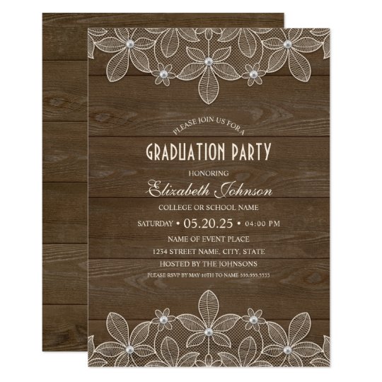 Rustic Graduation Party Wood Lace Pearl Grad Invitation | Zazzle.com