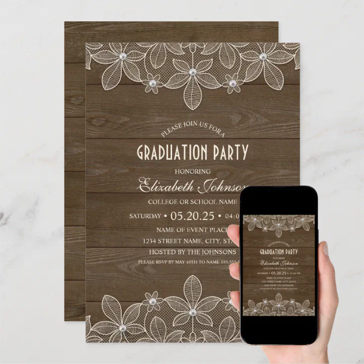 Rustic Graduation Party Wood Lace Pearl Grad Invitation | Zazzle