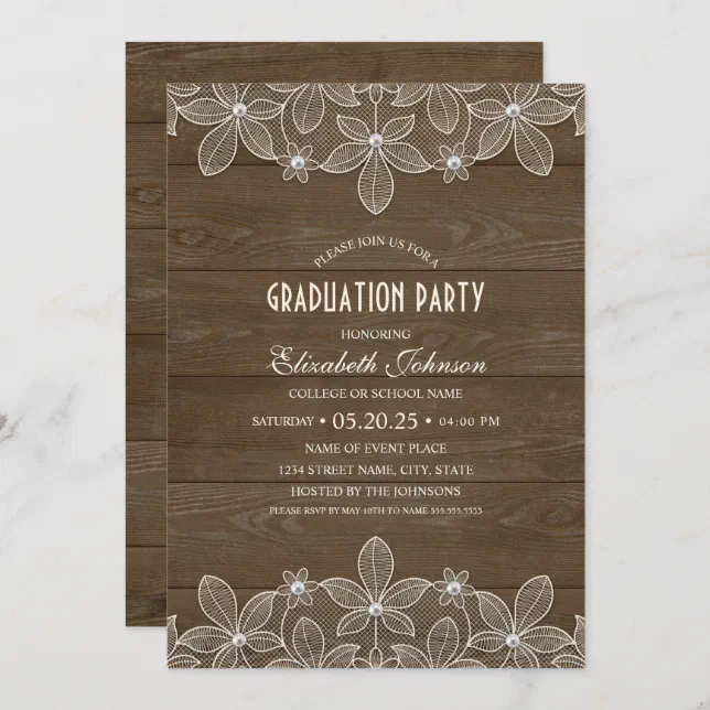 Rustic Graduation Party Wood Lace Pearl Grad Invitation | Zazzle