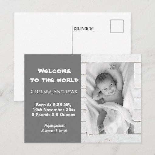 Rustic Gray Baby Photo Birth Announcement Postcard | Zazzle