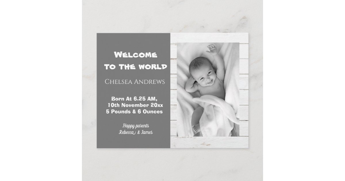 Rustic Gray Baby Photo Birth Announcement Postcard | Zazzle