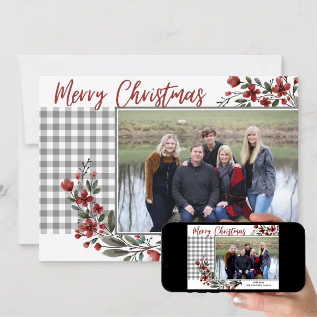 Rustic Gray Gingham Plaid Merry Christmas Photo Holiday Card | Zazzle