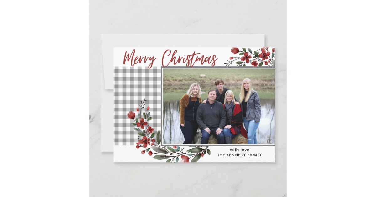 Rustic Gray Gingham Plaid Merry Christmas Photo Holiday Card | Zazzle