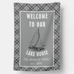 Rustic Gray Plaid Family Lake House Welcome House Flag | Zazzle