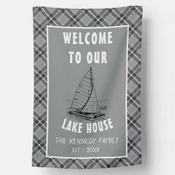 Rustic Gray Plaid Family Lake House Welcome House Flag | Zazzle