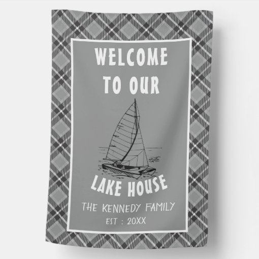 Rustic Gray Plaid Family Lake House Welcome House Flag | Zazzle