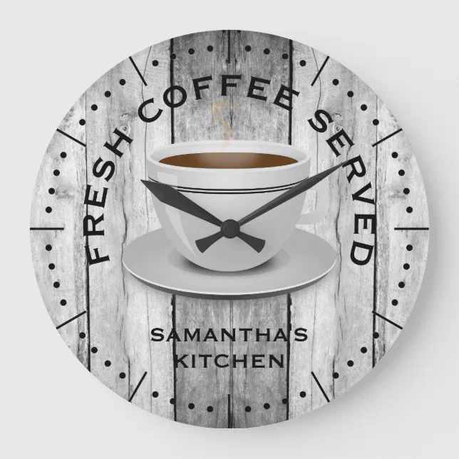 Rustic Gray Wood Coffee Theme Farmhouse Kitchen Large Clock | Zazzle