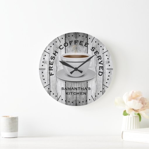Rustic Gray Wood Coffee Theme Farmhouse Kitchen Large Clock | Zazzle