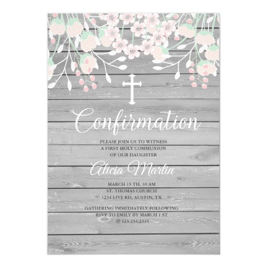 Rustic Gray wood floral confirmation invitation | Zazzle.com