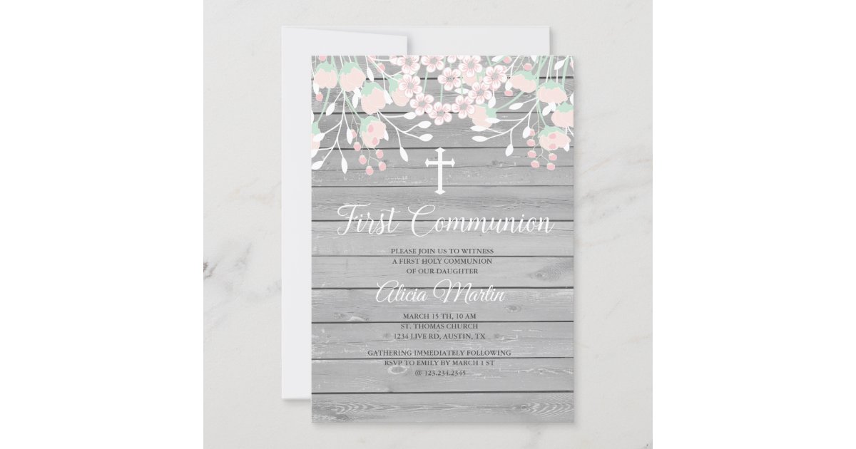 Rustic Gray wood floral first communion invitation | Zazzle