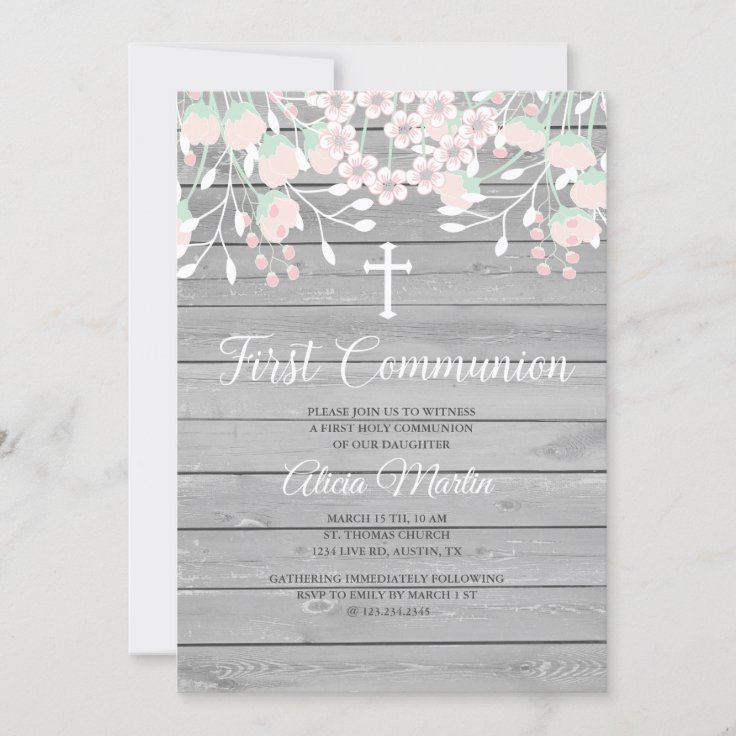 Rustic Gray wood floral first communion invitation | Zazzle