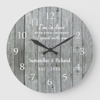 Rustic Gray Wood Love Quote Wedding Anniversary Large Clock | Zazzle