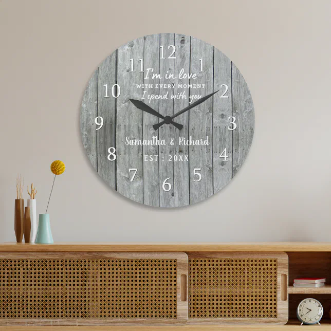 Rustic Gray Wood Love Quote Wedding Anniversary Large Clock | Zazzle