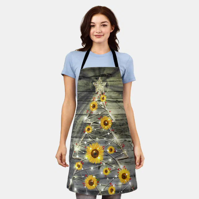 Rustic Gray Wood Sunflower Christmas Tree Holiday Apron | Zazzle