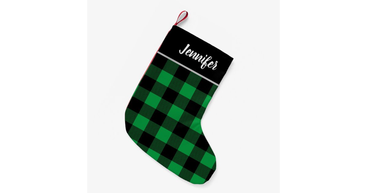 Rustic Green and Black Buffalo Check Monogram Small Christmas Stocking ...