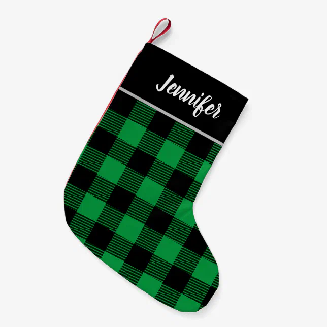 Rustic Green and Black Buffalo Check Monogram Small Christmas Stocking ...