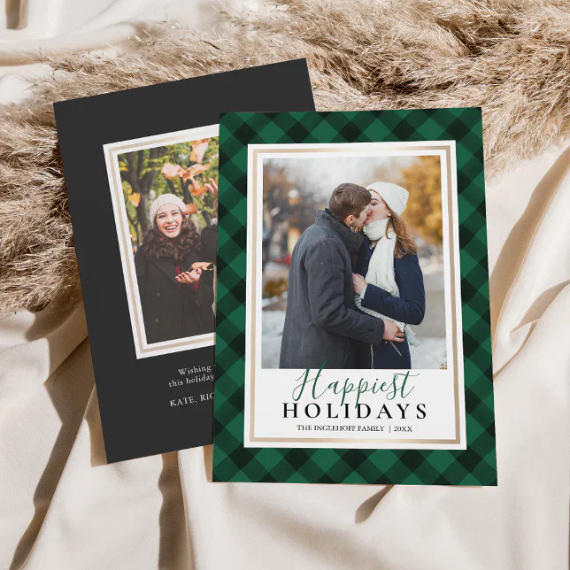 Rustic Green Buffalo Plaid Happiest Holidays Photo Holiday Card | Zazzle
