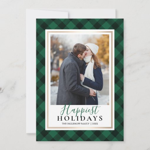 Rustic Green Buffalo Plaid Happiest Holidays Photo Holiday Card | Zazzle